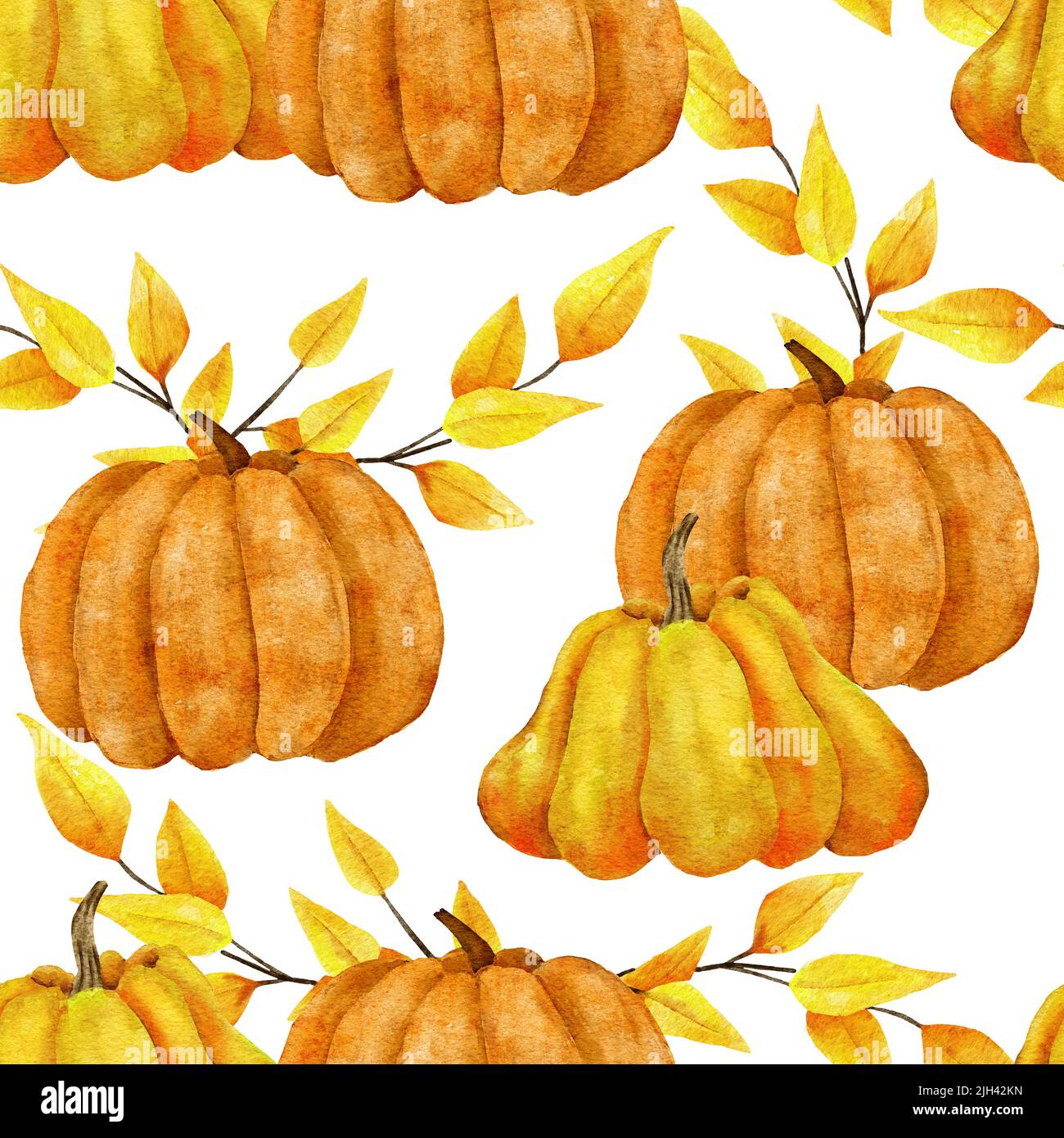 Watercolor hand drawn seamless pattern with yellow pumpkins and leaves ...