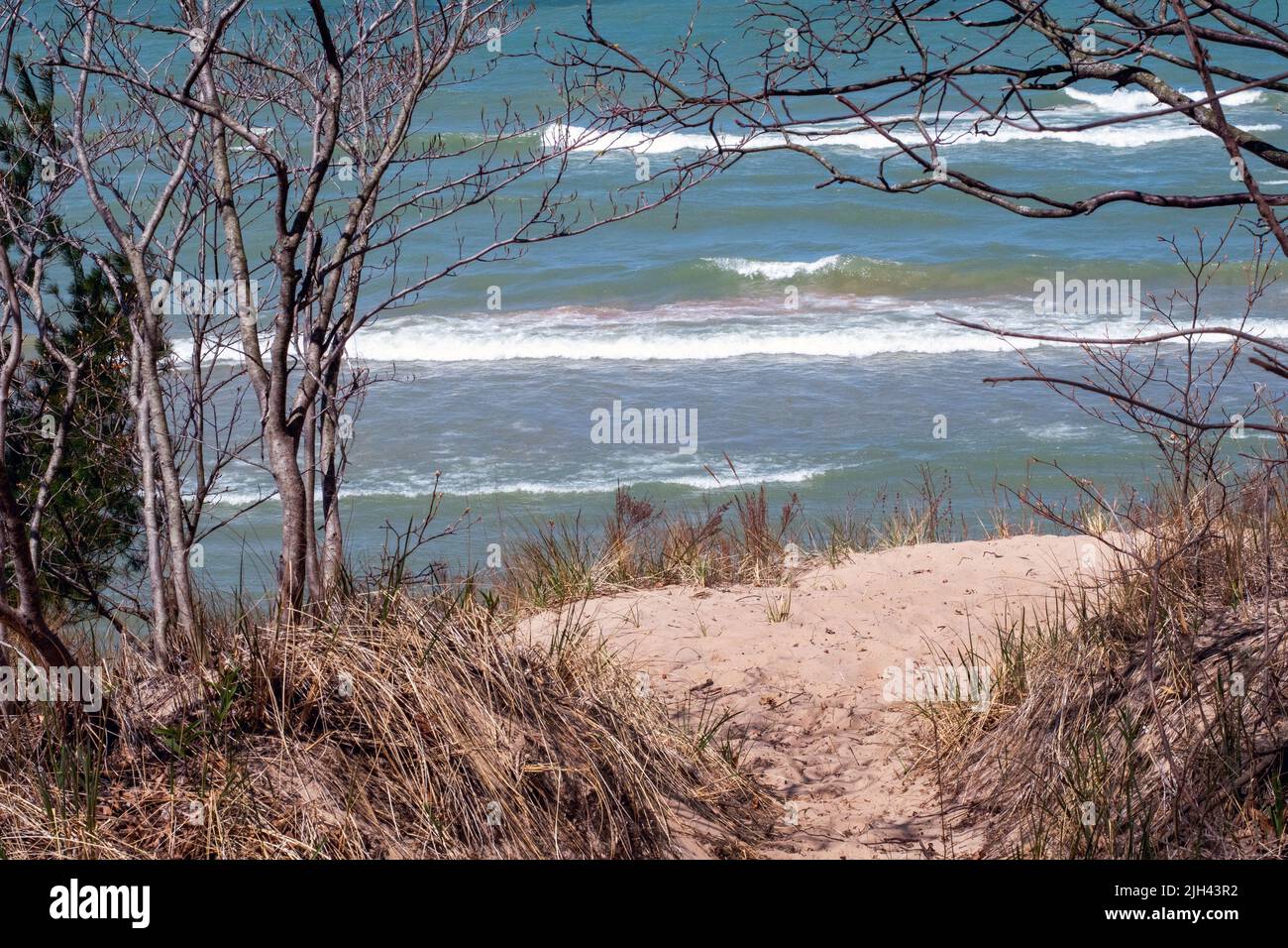 view of beautiful lake Michigan, from the top of a tall sandy dune ...