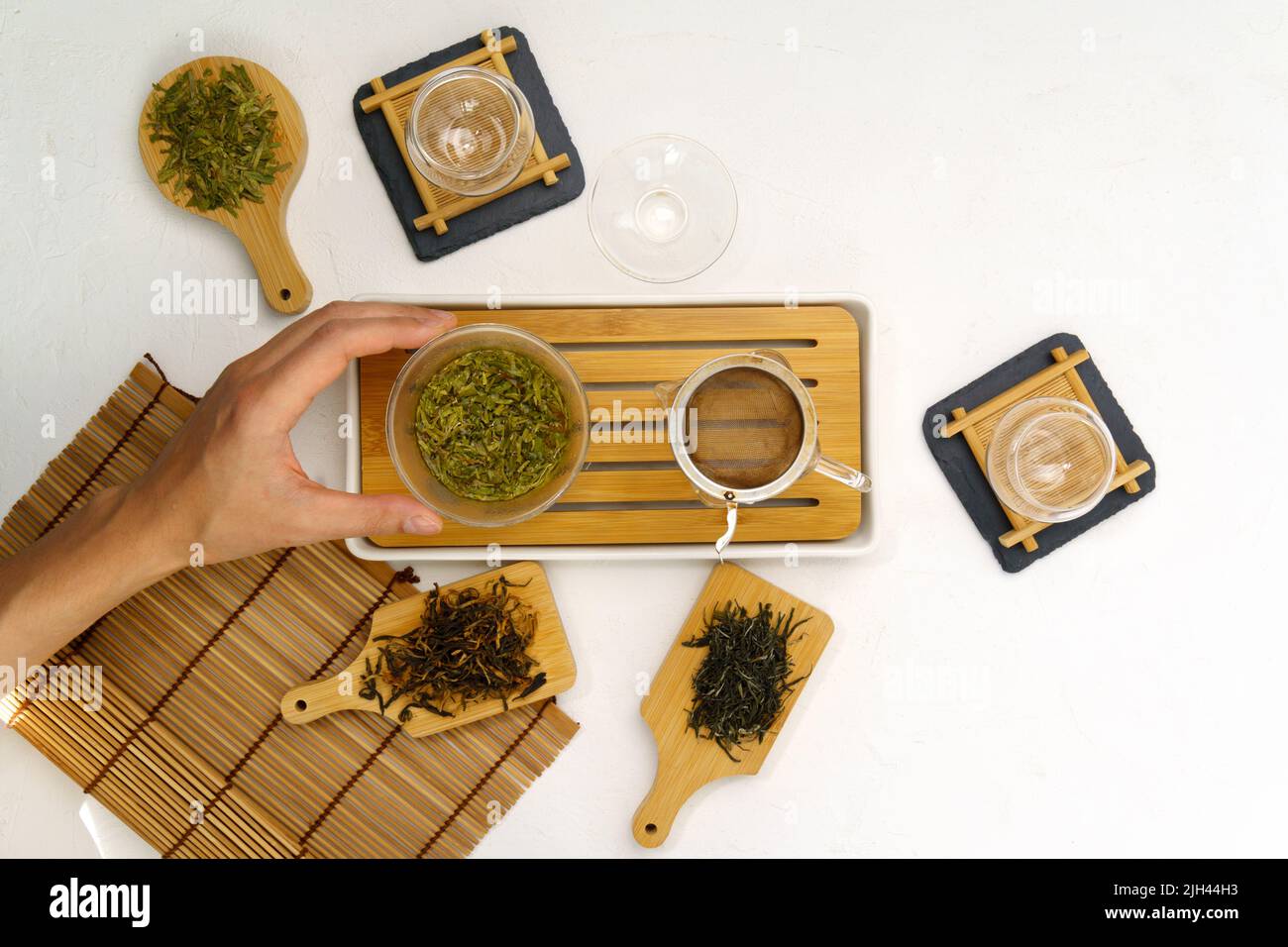 Green tea tea ceremony early in the morning. View from above. Organic ...