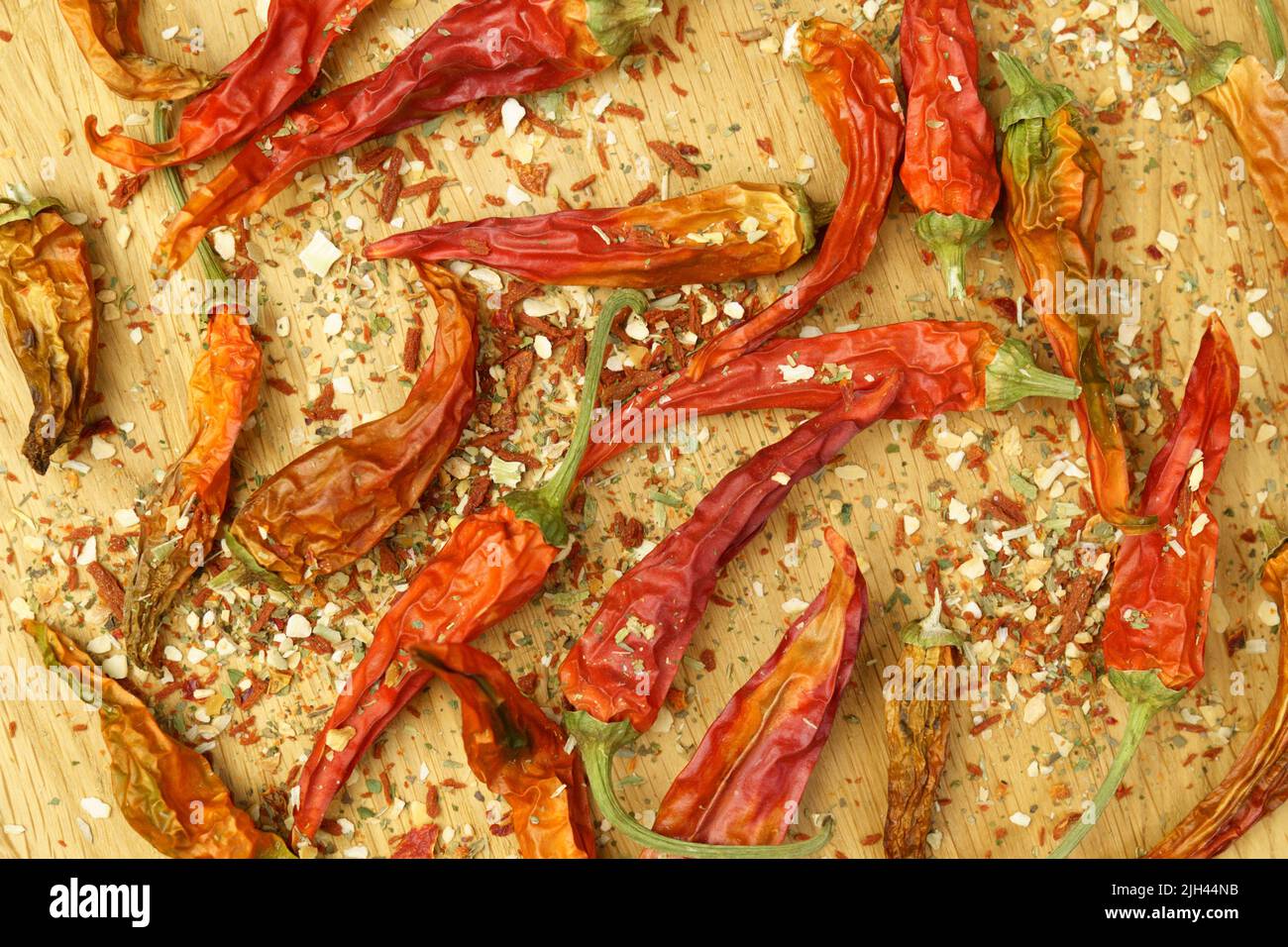 Dry organic red round chillies top view background. Healthy spices ...