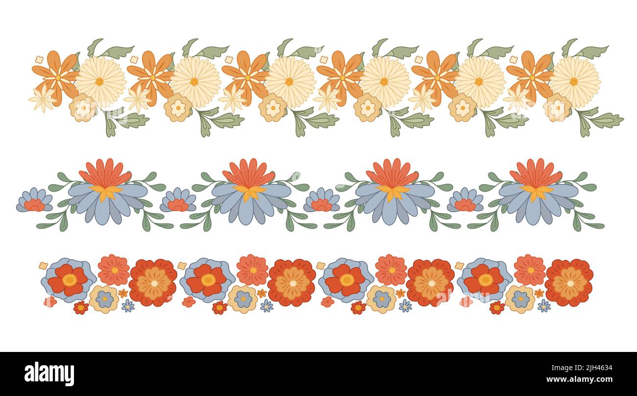 Vector set of seamless retro border with groovy flowers isolated from ...