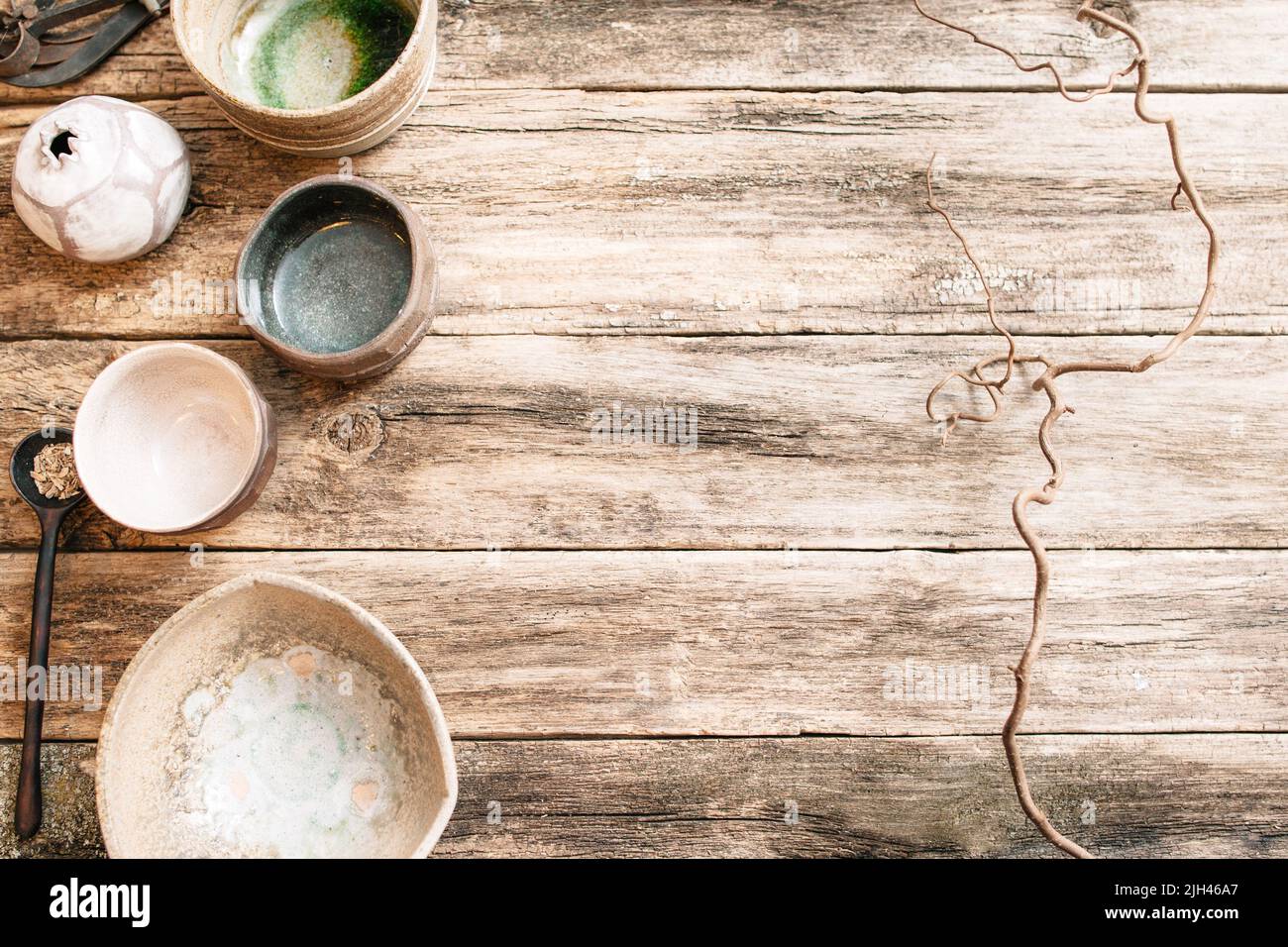 Flat lay set of handmade ceramic crockery Stock Photo - Alamy