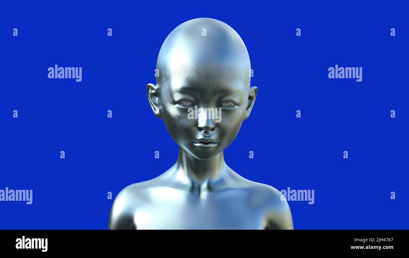 Silver bald alien humanoid on a blue background Stock Photo - Alamy