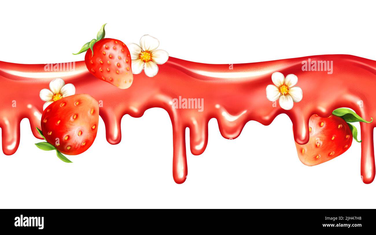 Seamless dripping red strawberry syrup on white background Stock Photo ...
