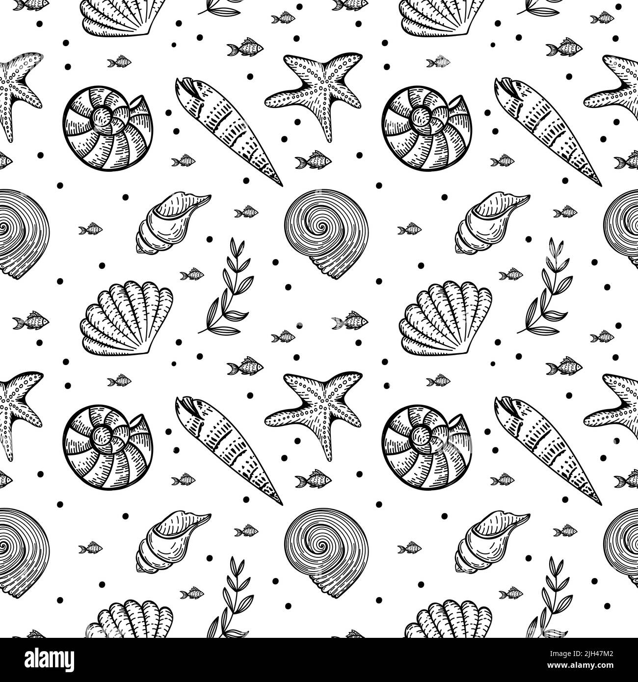 Seamless pattern, hand-drawn sea creatures in sketch style. Shells and ...