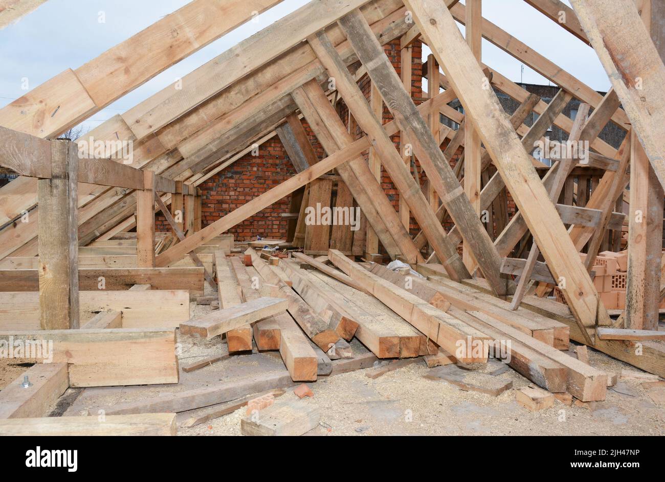 Roofing construction and framing of a new house. Timber trusses, roof ...