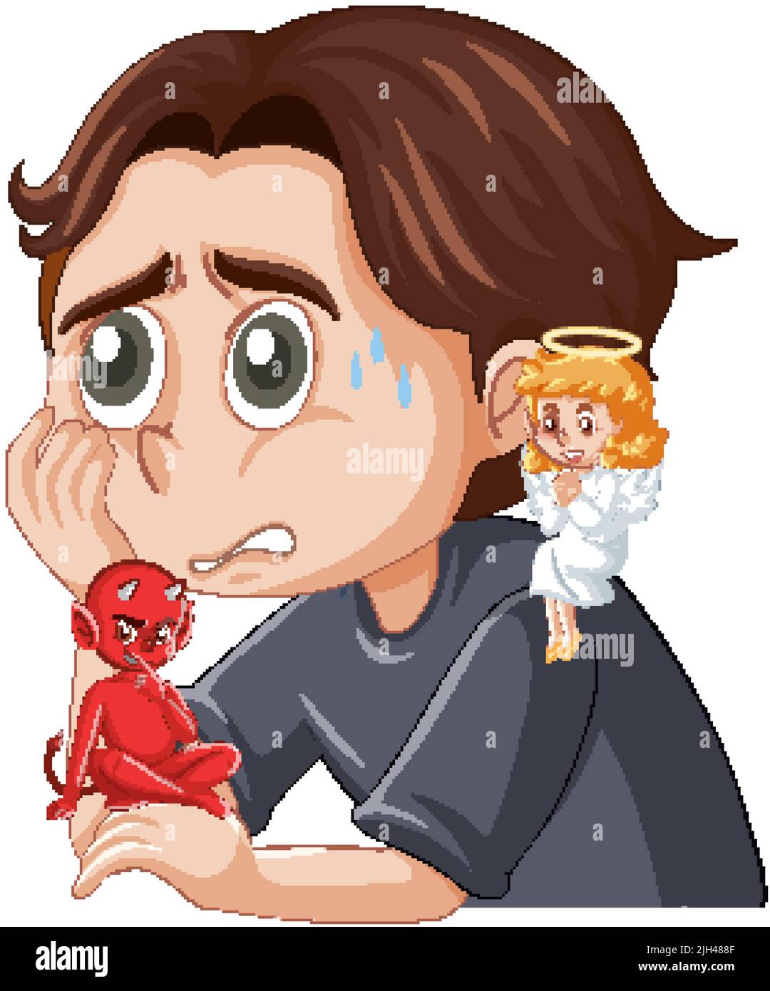 Cartoon character with devil and angel fighting in thought illustration ...