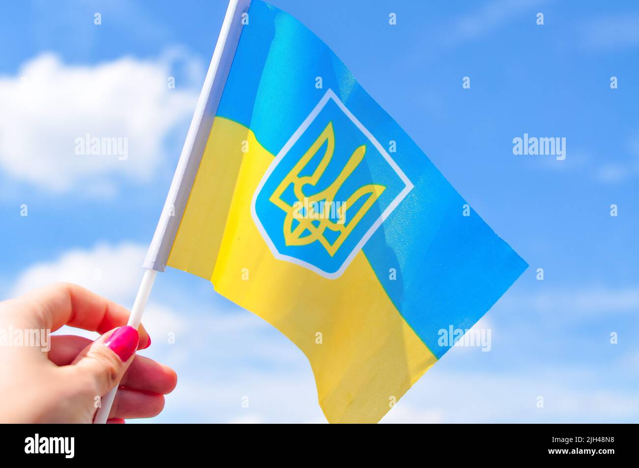 the national yellow and blue flag of Ukraine with trident on blue sky ...