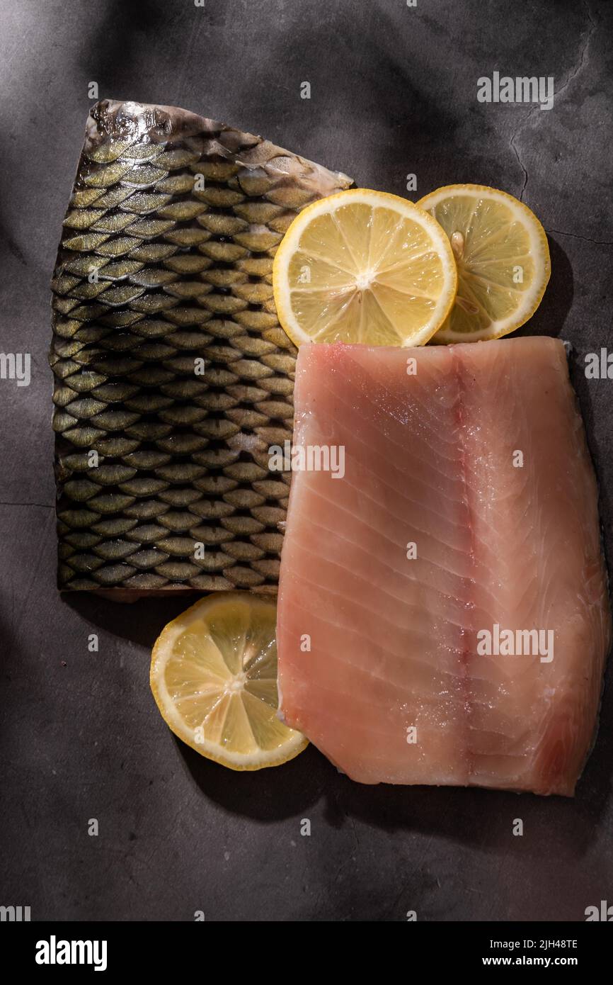 Sliced fillet of fresh carp fish, food ingredients Stock Photo - Alamy