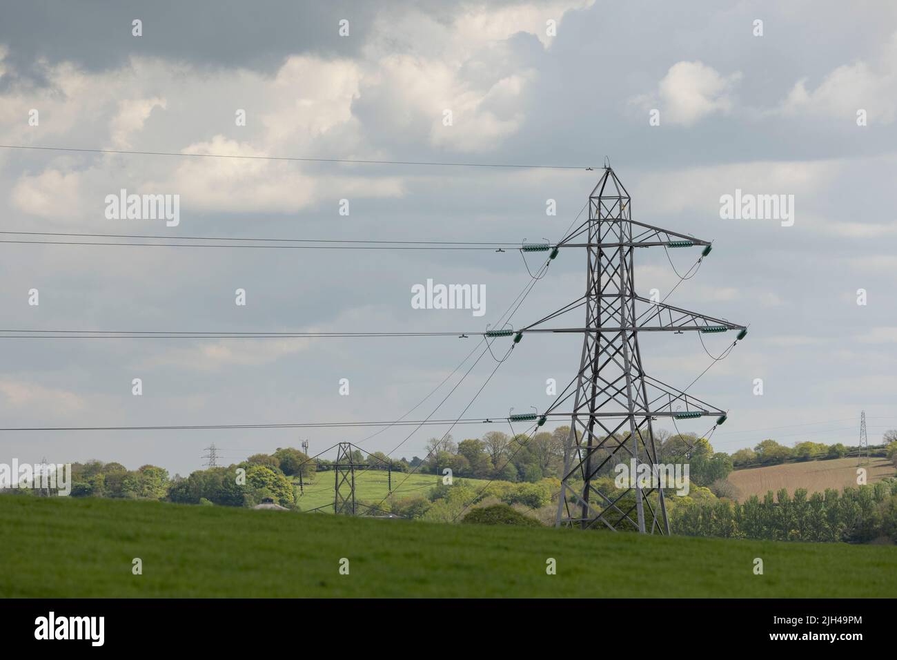 Electricity pylons going into the distance over summertime countryside ...