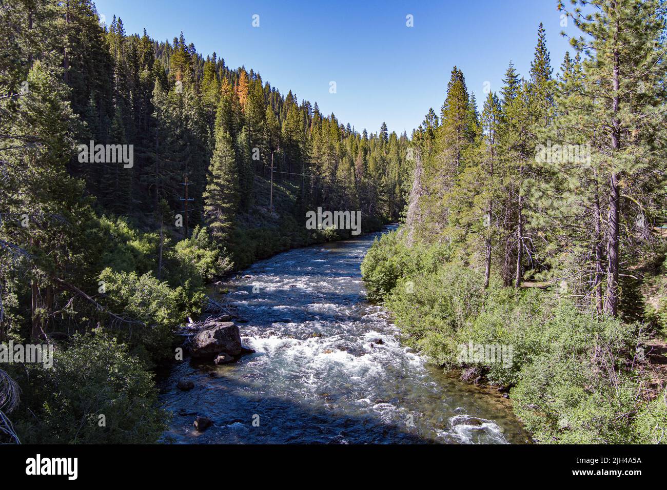 Whitewater Rapids flow through California forest wilderness Stock Photo ...