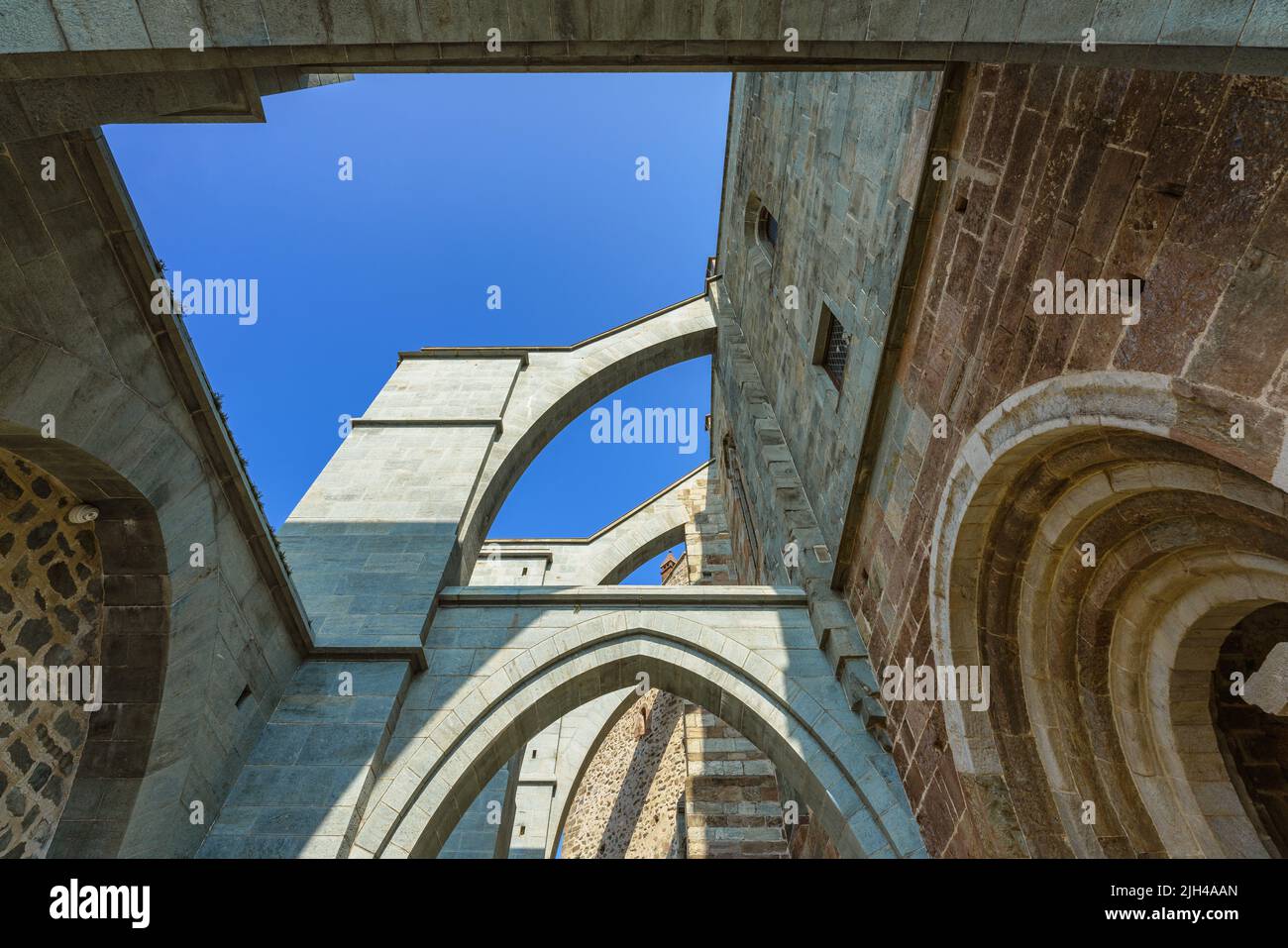 Sacra di San Michele, Italy. June 18, 2022. Low angle view of the four ...