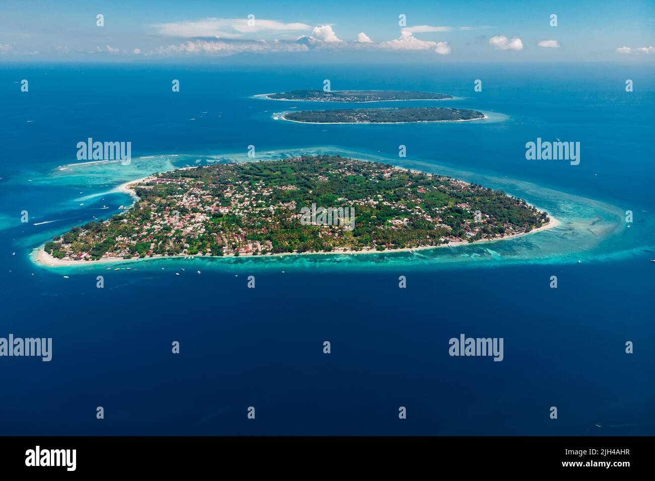 Aerial view with Gili islands and ocean. Gili Air, Meno and Trawangan ...