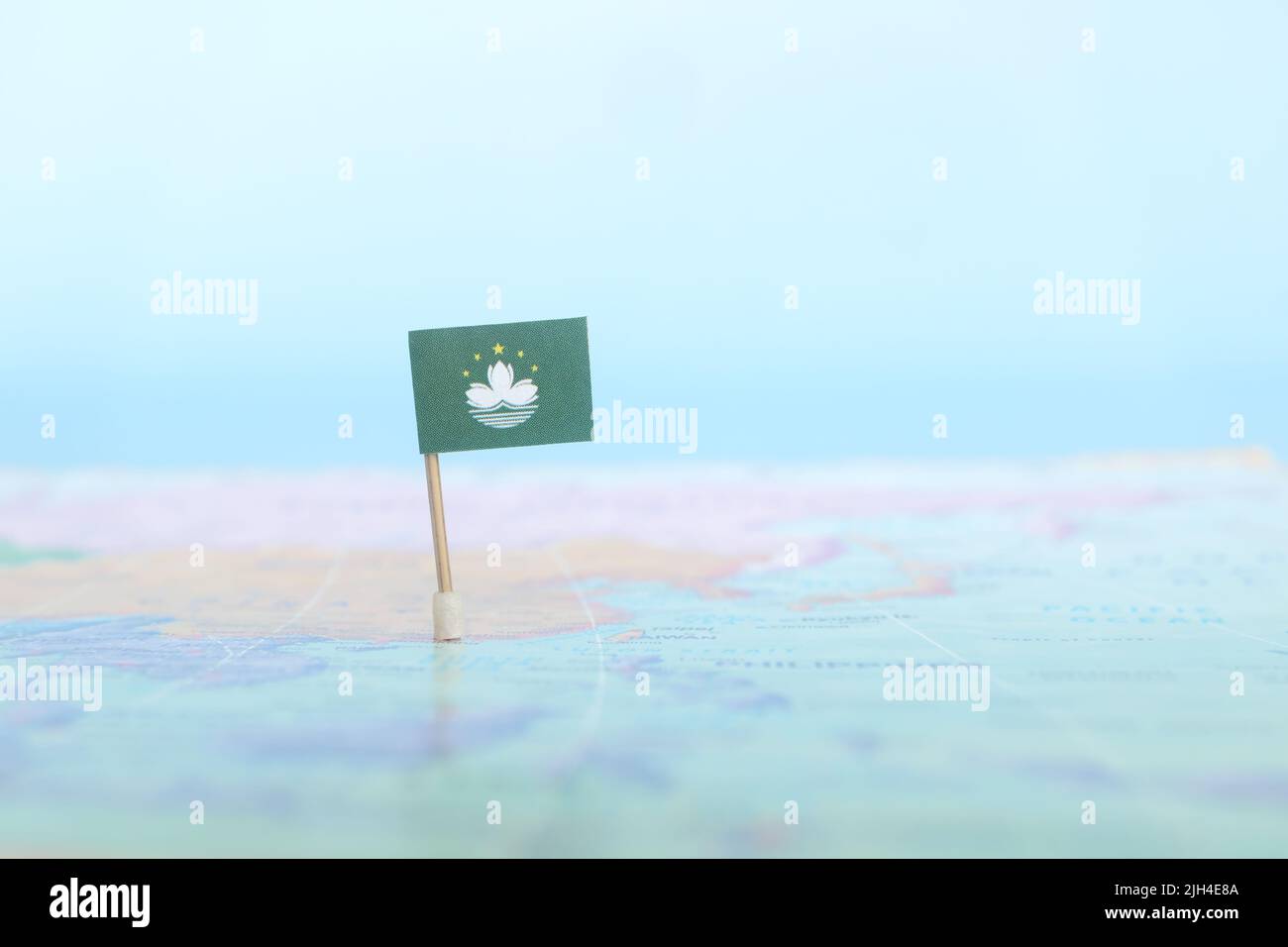 Selective focus of Macau or Macao flag in world map. Macau country ...