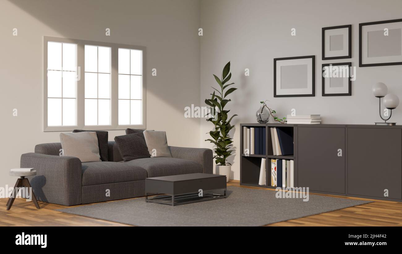 Minimal comfortable home living room interior design with comfy grey ...