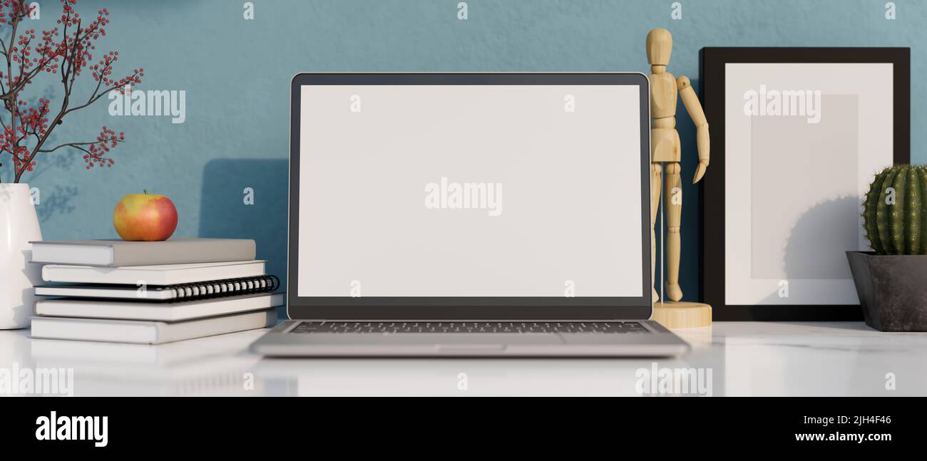 Close-up image, Notebook laptop computer white screen mockup, stack of ...