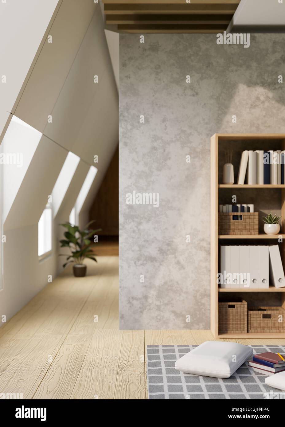 Modern minimal loft living room interior design with bookshelf ...