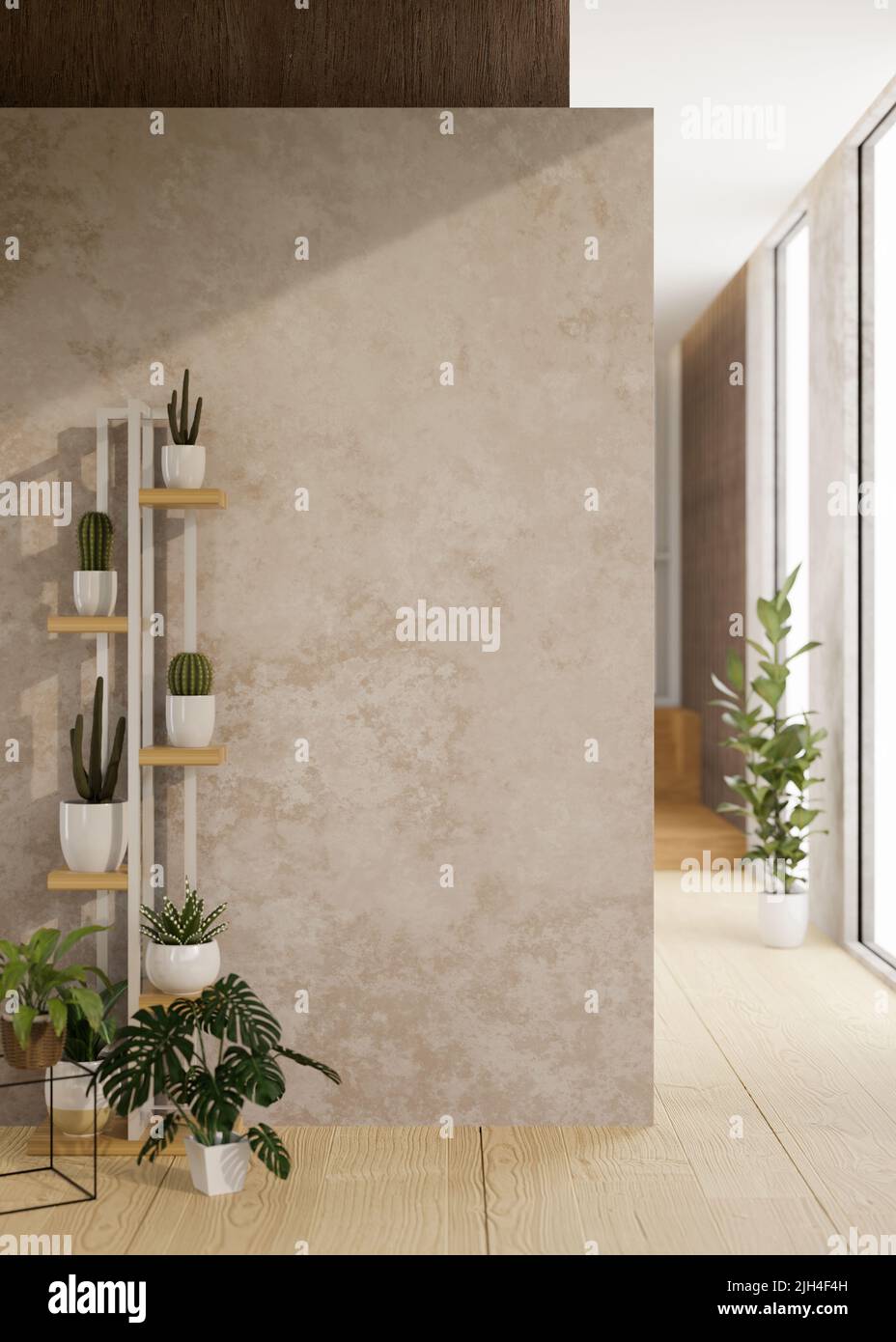 Modern minimal loft home corridor interior design with minimal cactus ...