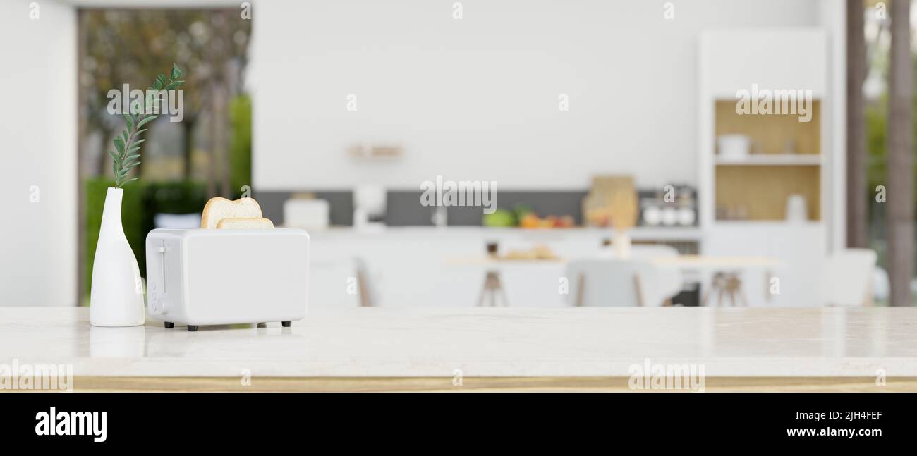 Modern white tabletop or countertop with white ceramic vase, toaster and mockup space for ...