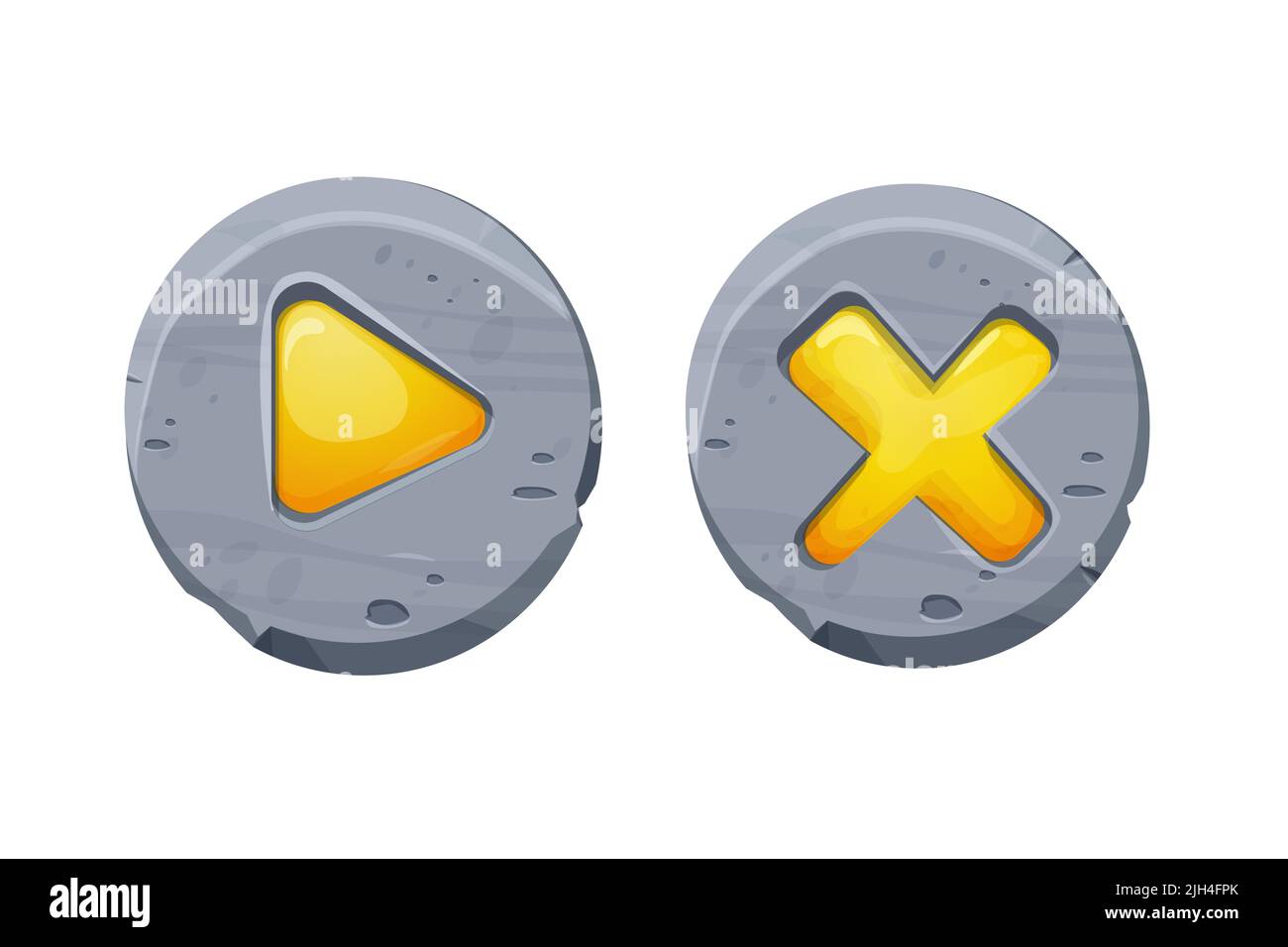 Set start and closed buttons on stone circle in comic cartoon style, ui ...