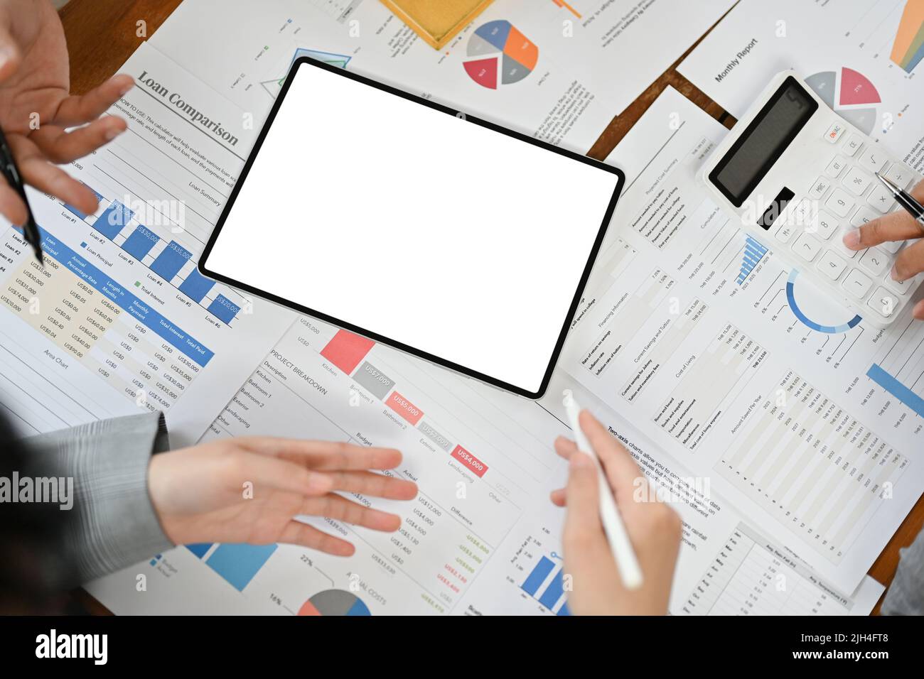 Overhead shot, A financial conference meeting table with financial ...