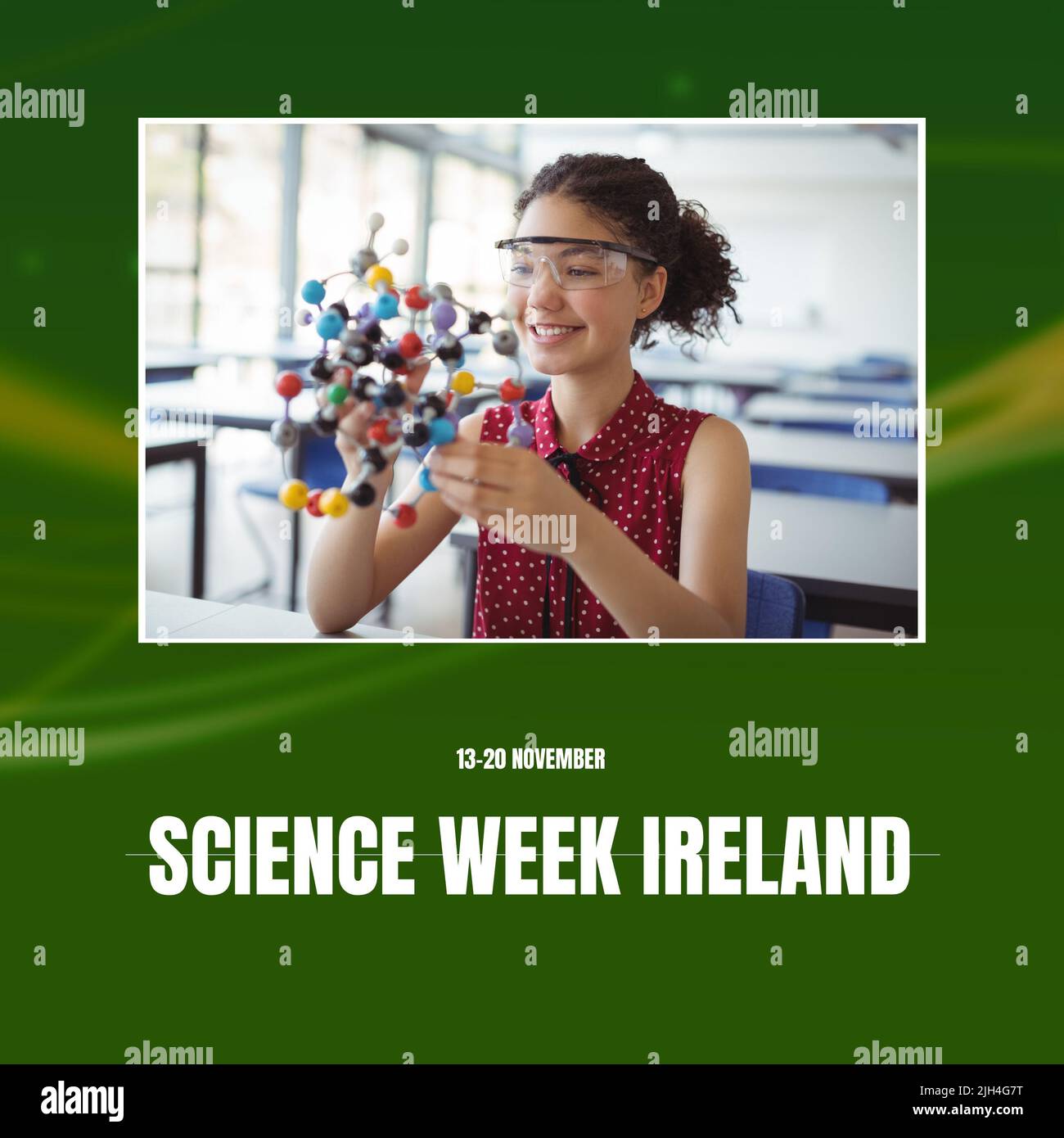 Composition of science week ireland text over biracial woman with model ...