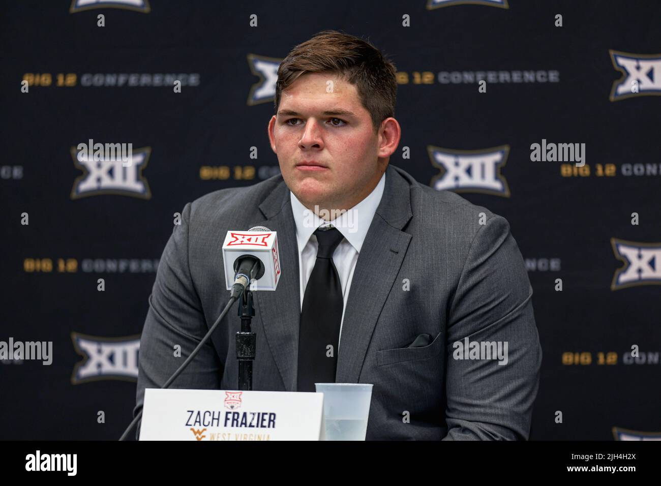 West Virginia Mountaineers offensive lineman Zach Frazier speaks during ...