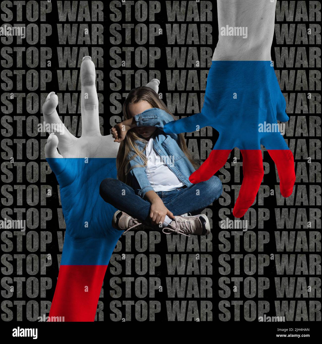 Conceptual collage with little scared child in fear and huge hands ...