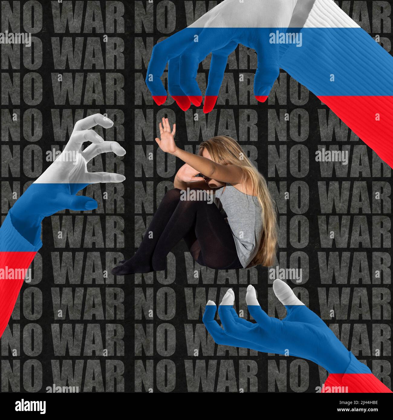 Conceptual collage with little scared child in fear and huge hands ...