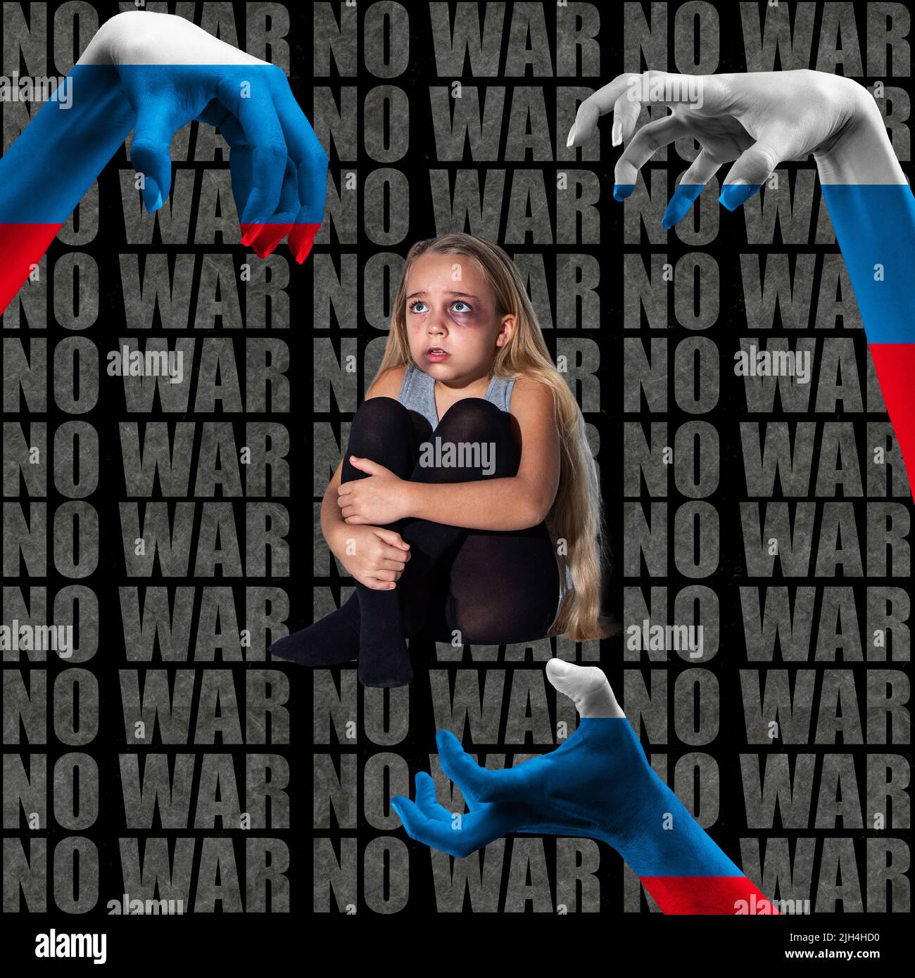 Conceptual collage with little scared child in fear and huge hands ...