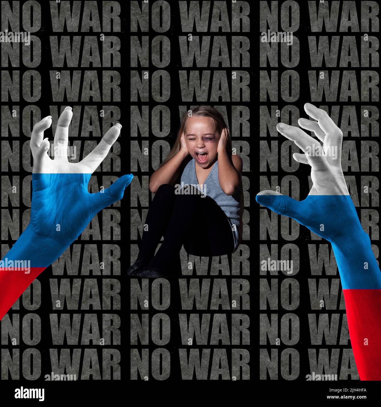 Conceptual collage with little scared child in fear and huge hands ...