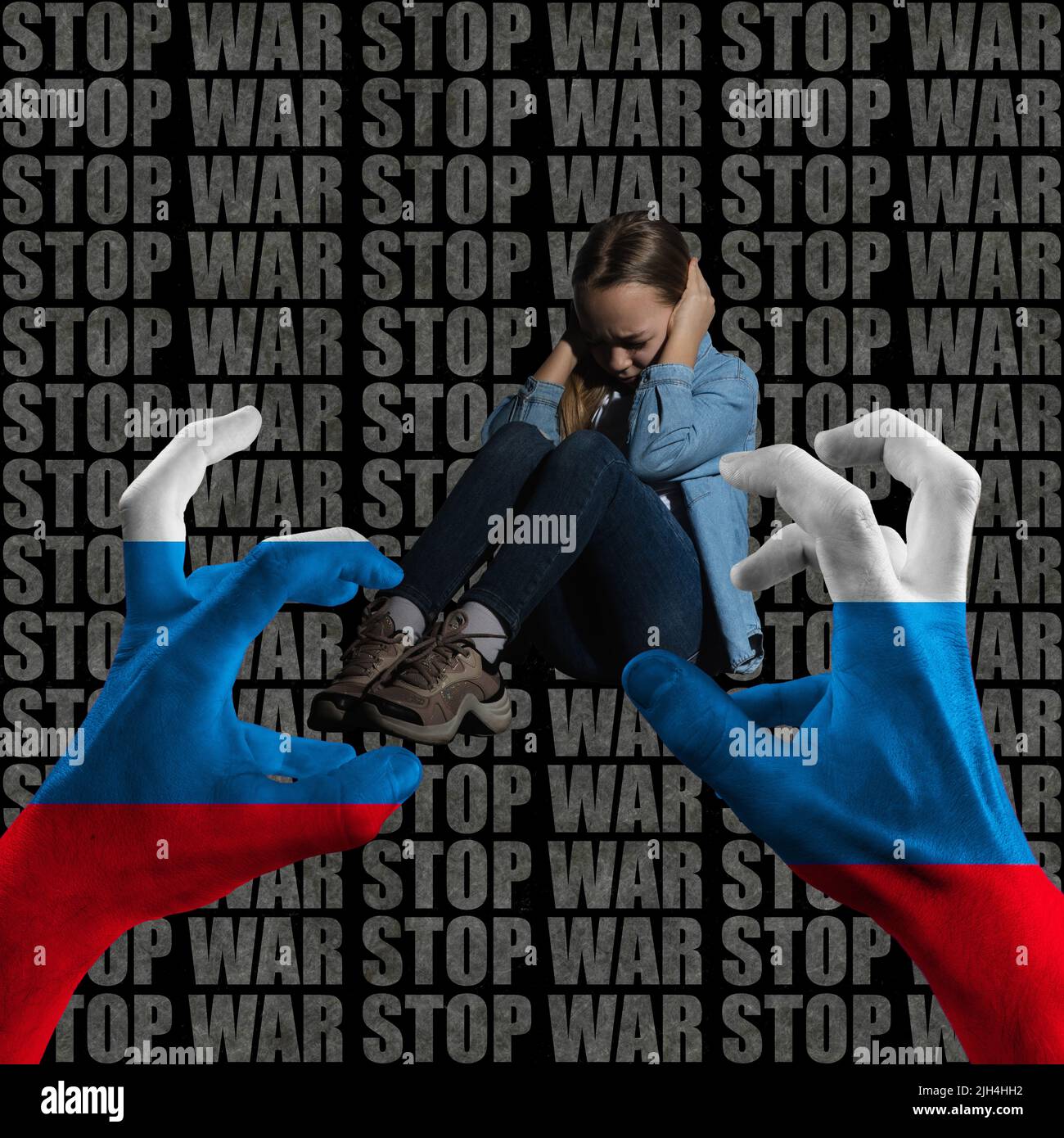 Conceptual collage with little scared child in fear and huge hands ...