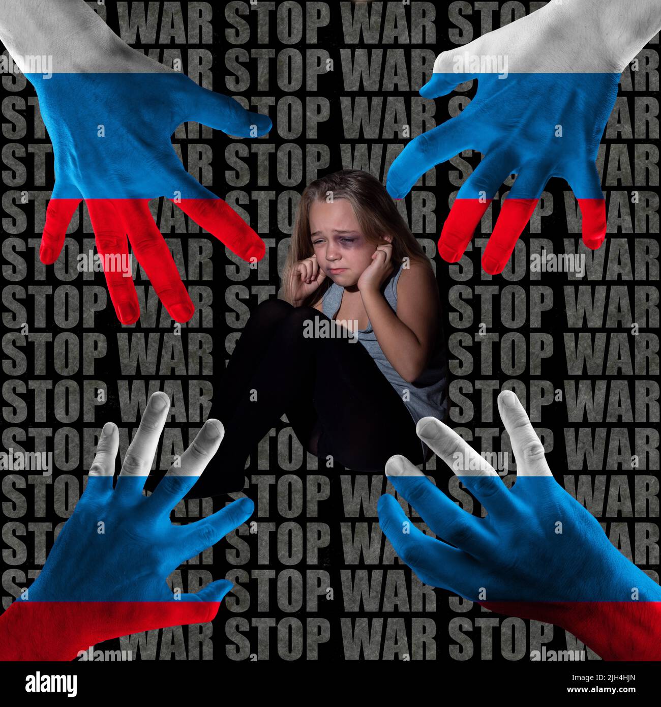 Conceptual collage with little scared child in fear and huge hands ...