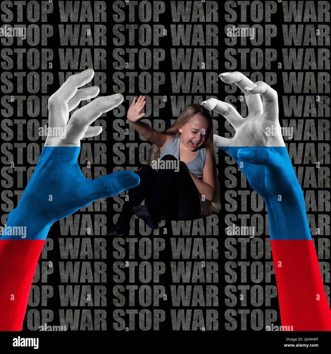 Conceptual collage with little scared child in fear and huge hands ...