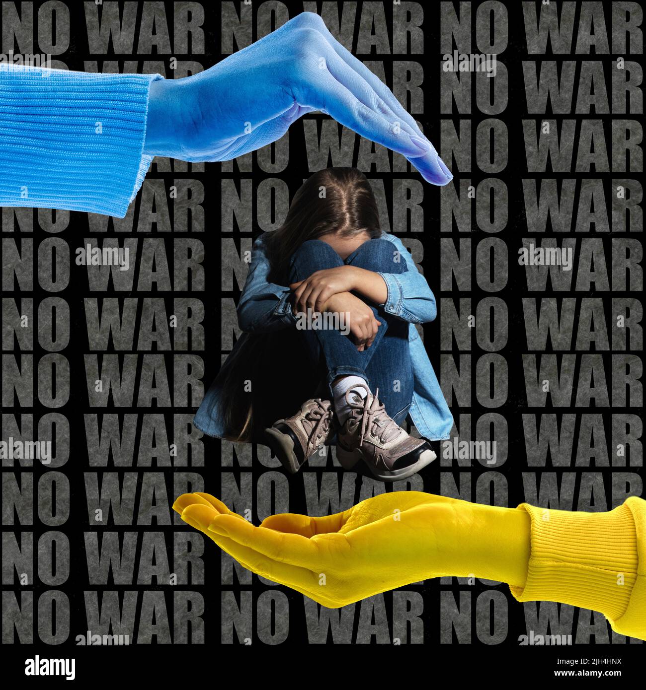 Conceptual collage with little child in fear and supporting hands ...