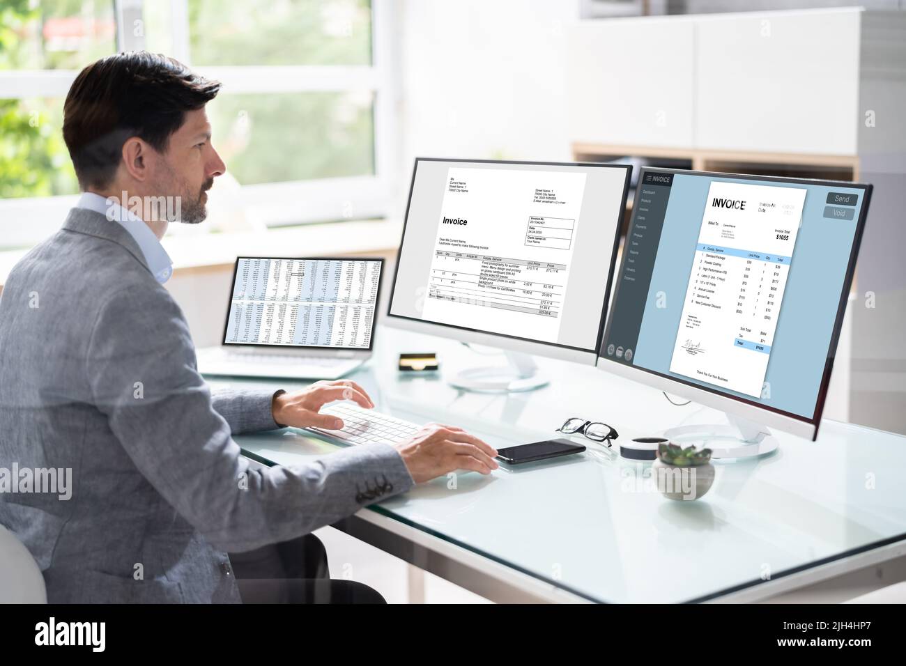 Online Electronic Business Invoice Or Bill. Businessman Looking On ...