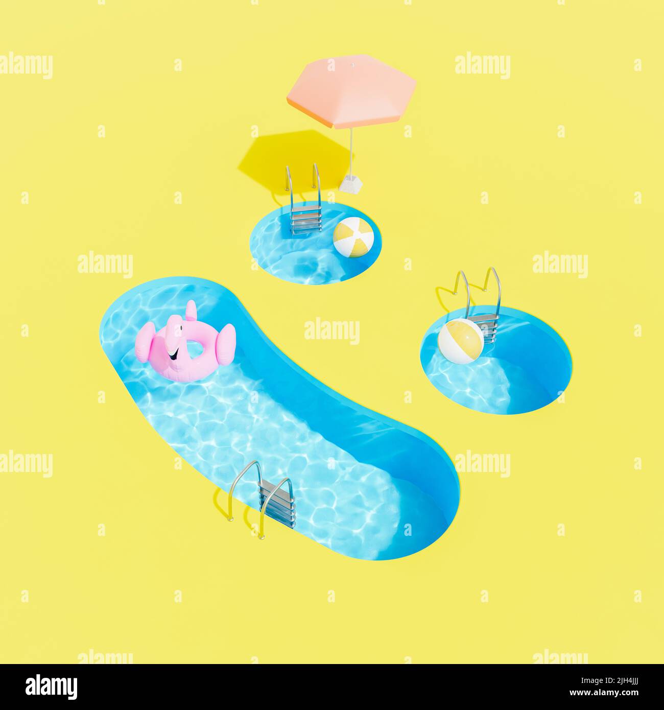 3D rendering from above of inflatable flamingo and balls floating in ...
