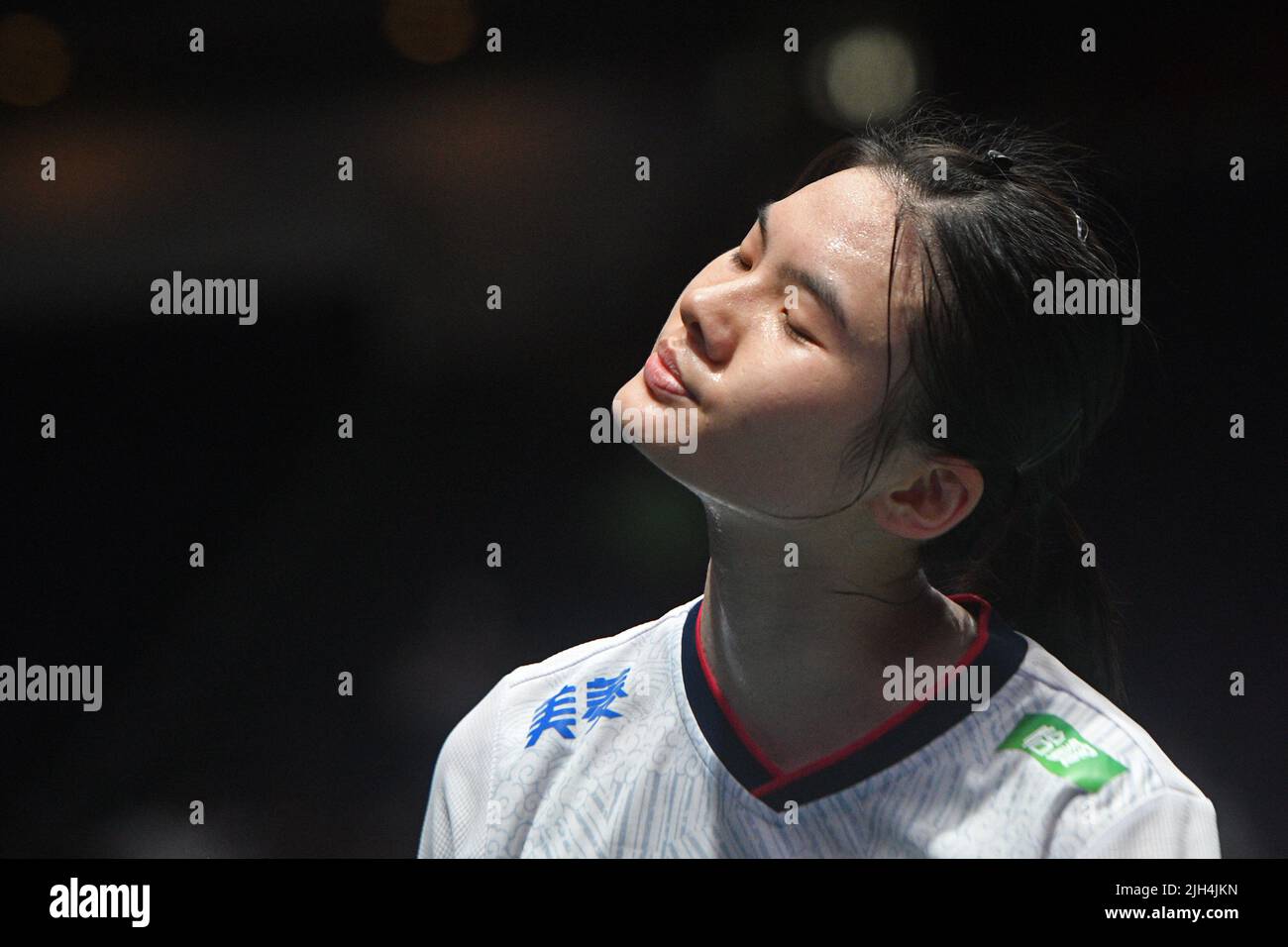 Singapore. 15th July, 2022. Han Yue reacts during the women's singles ...