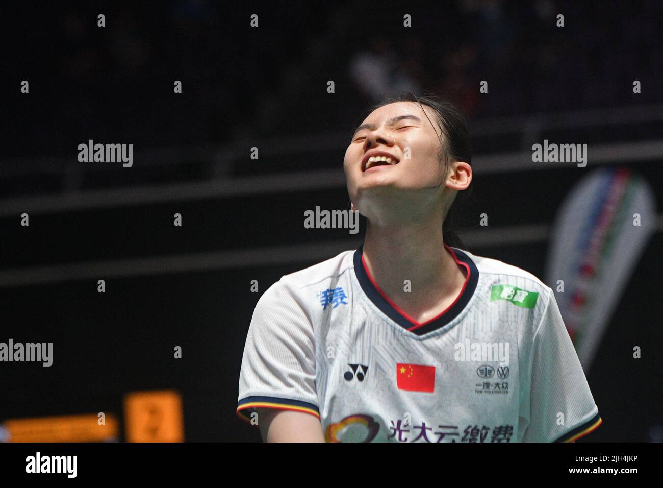 Singapore. 15th July, 2022. Han Yue reacts during the women's singles ...
