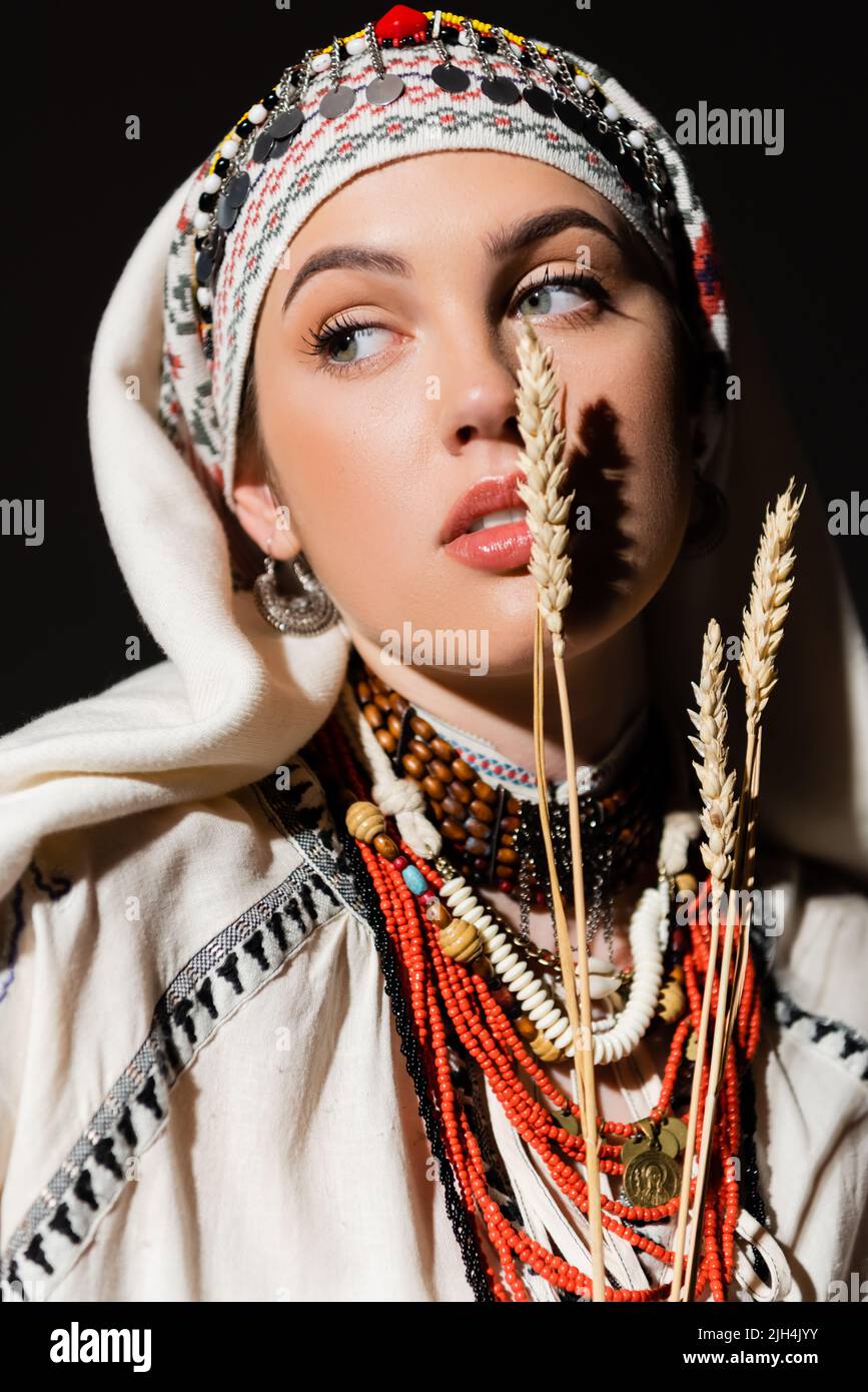 portrait of young ukrainian woman in traditional clothing with ornament ...