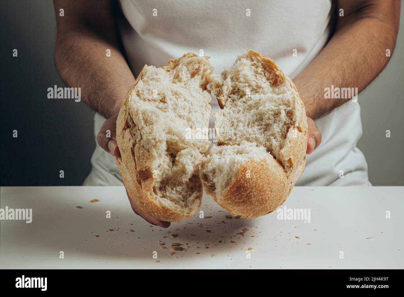 Mens hands break a loaf of round wheat bread made with sourdough ...