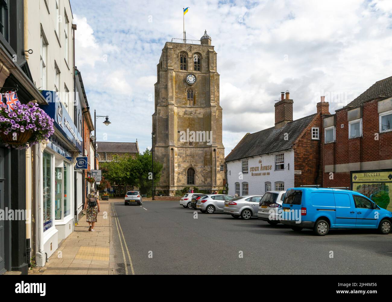 Church tower, shops and Swan Inn pub, Beccles, Suffolk, England, UK ...