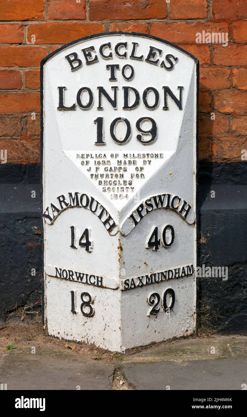 Replica of 19th century milestone, Beccles, Suffolk, England, UK Stock ...