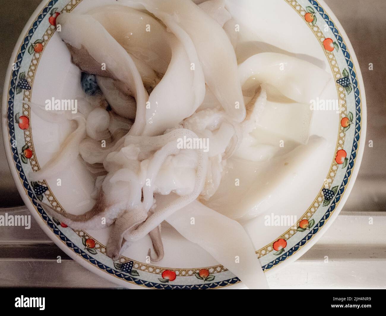 cleaning a raw adriatic cuttlefish at home in Numana, Marche, Italy ...