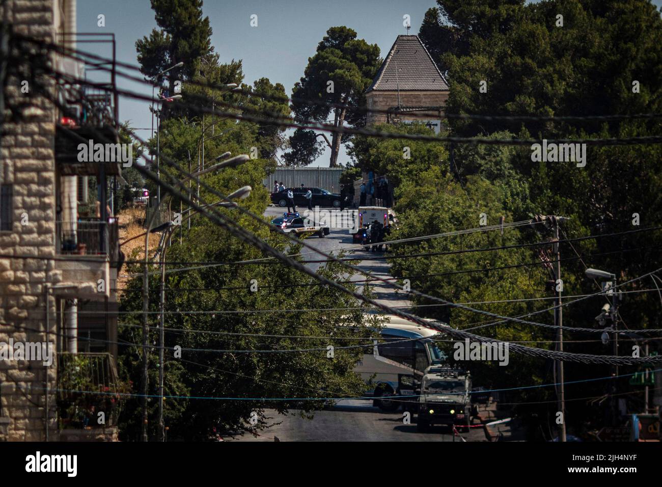 Jerusalem, Israel. 15th July, 2022. A motorcade enters the Augusta ...