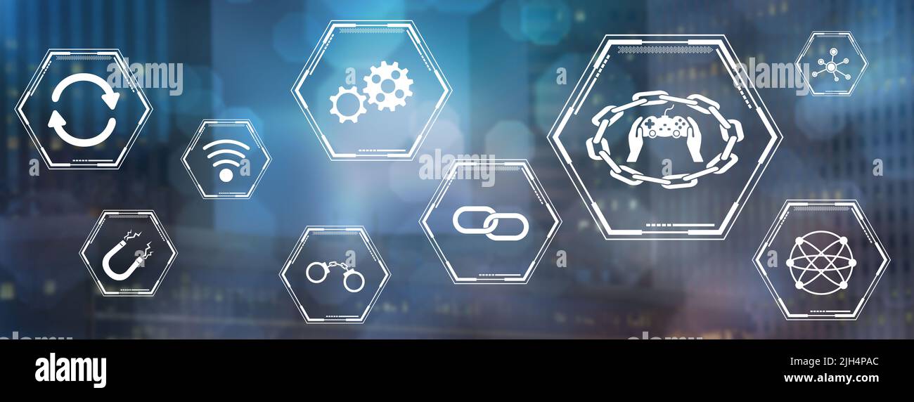 Concept of video game addiction with icons on blurred dark background ...