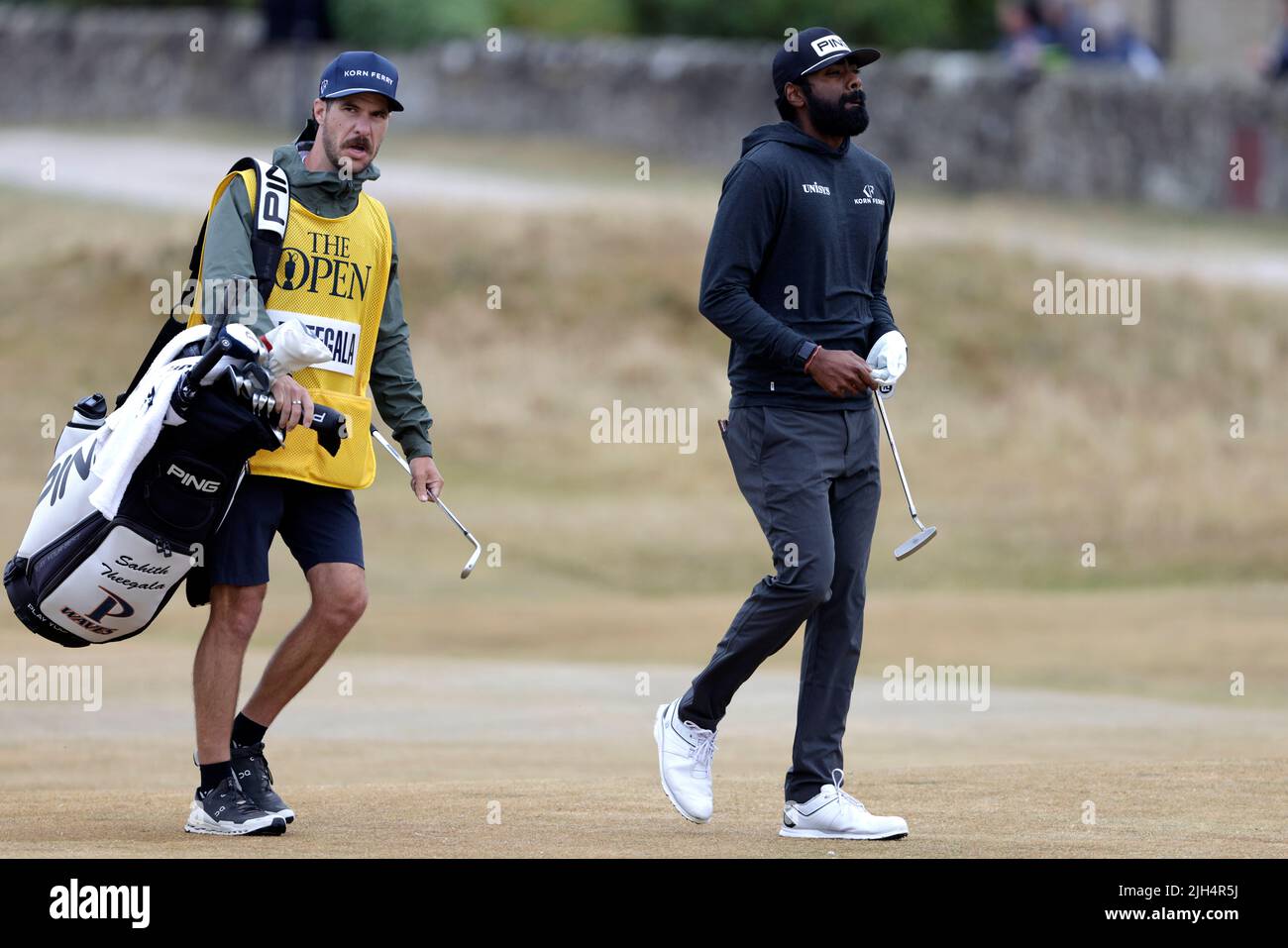 USA's Sahith Theegala (right) and caddie Carl Smith on the 2nd green ...