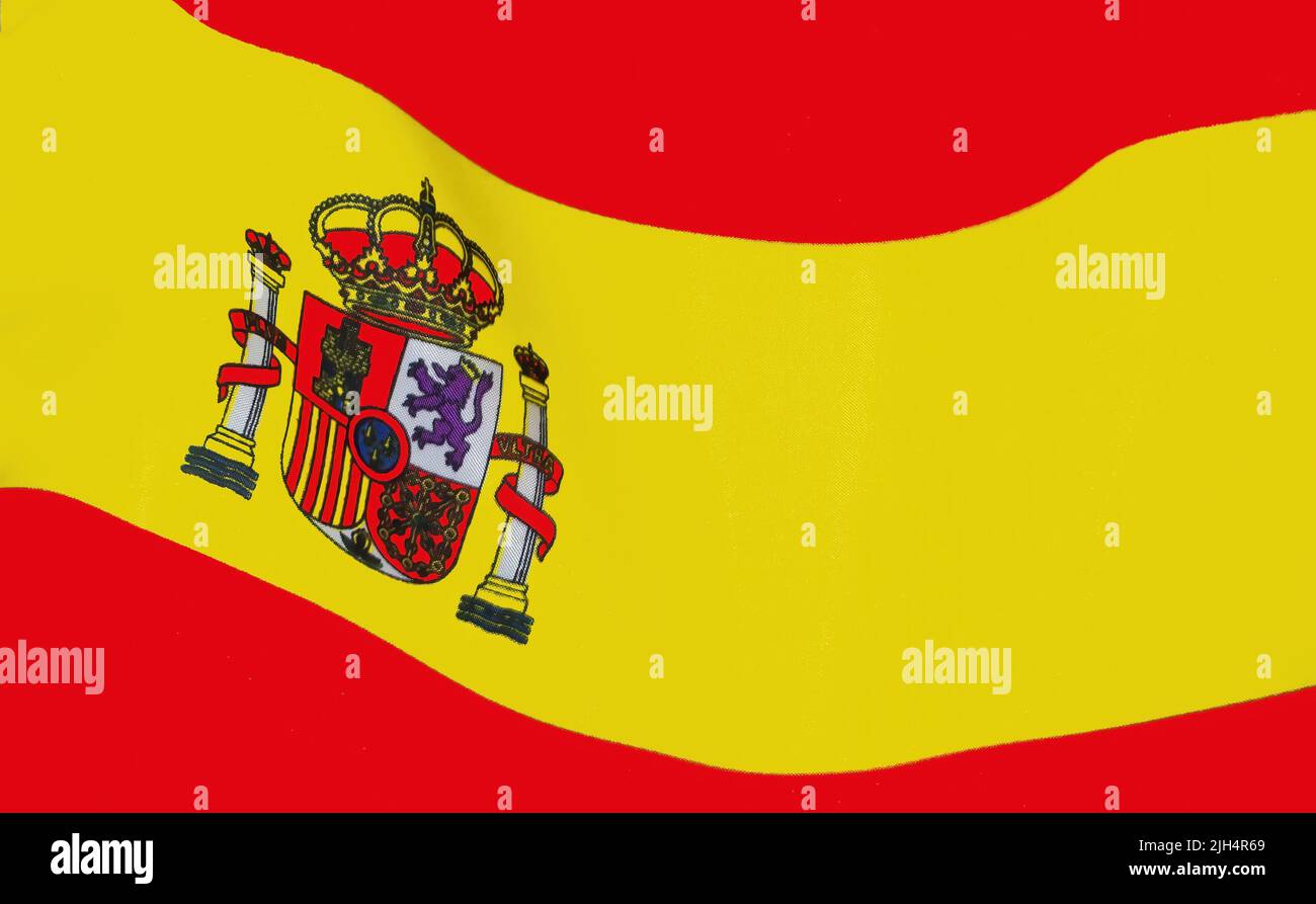 Spain flag printed on fabric, with the constitutional shield in red and ...