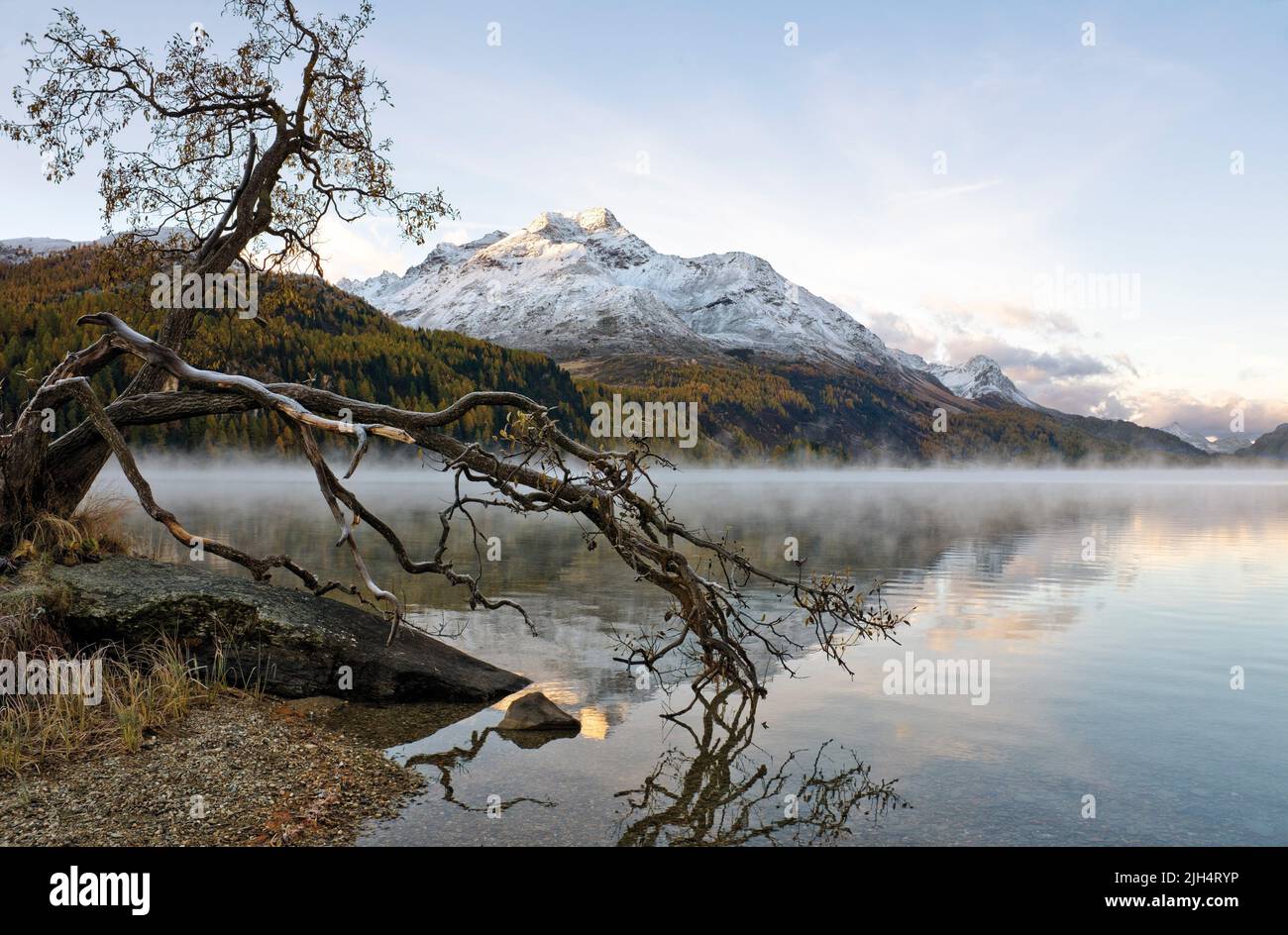 Lake Sils and Piz Margna in autumn, Switzerland, Grisons, Engadine ...