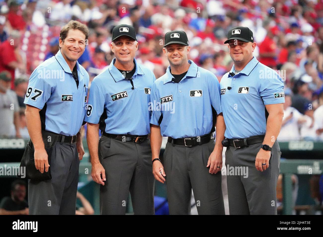 St. Louis, USA. 15th July, 2022. Umpire crew (L to R) Ben May, Dan ...